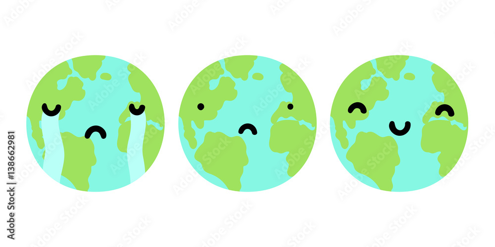 Three planets Earth with different faces. Sad, happy. Vector hand drawn ...
