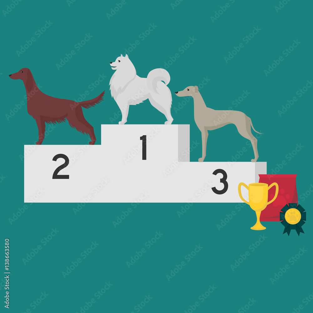 Winner pedestal. Puppy wining a dog show, pet on the first place. Gold ...