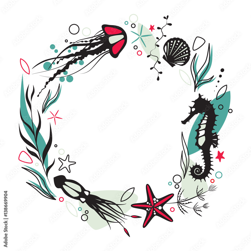 Sea Life round frame with underwater animals: jellyfish, seahorse ...