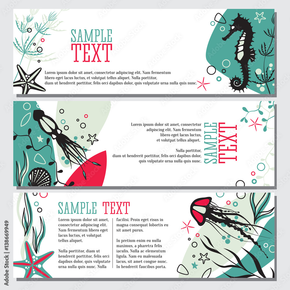 Set of 3 banners sea life and underwater theme, modern design layout ...