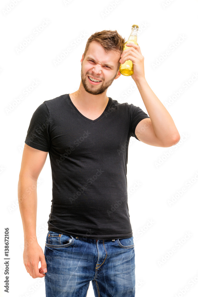 man holding bottle of beer on his head Stock Photo | Adobe Stock