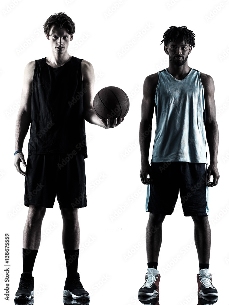 two basketball players men isolated in silhouette shadow on white ...