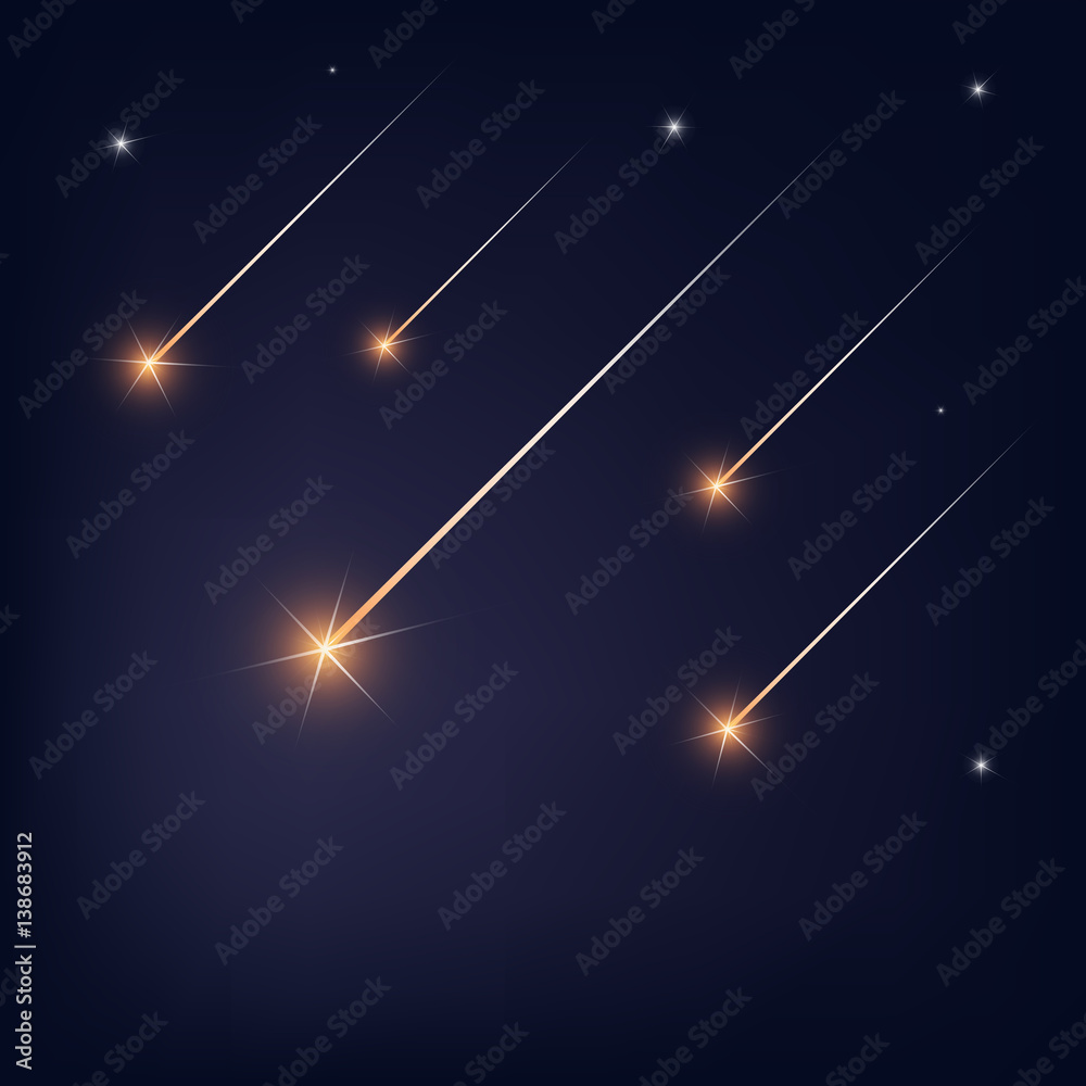 Falling stars on black sky. Shooting star. Light of falling meteorite ...