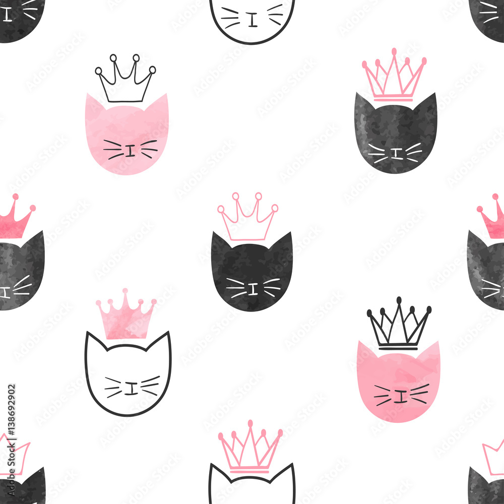 Seamless watercolor princess cats pattern. Vector background for kids ...