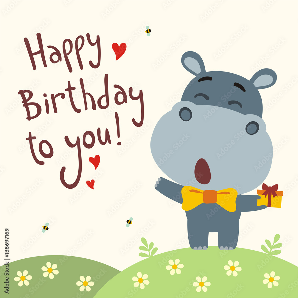 Happy birthday to you! Funny hippo sings birthday song with gift in ...