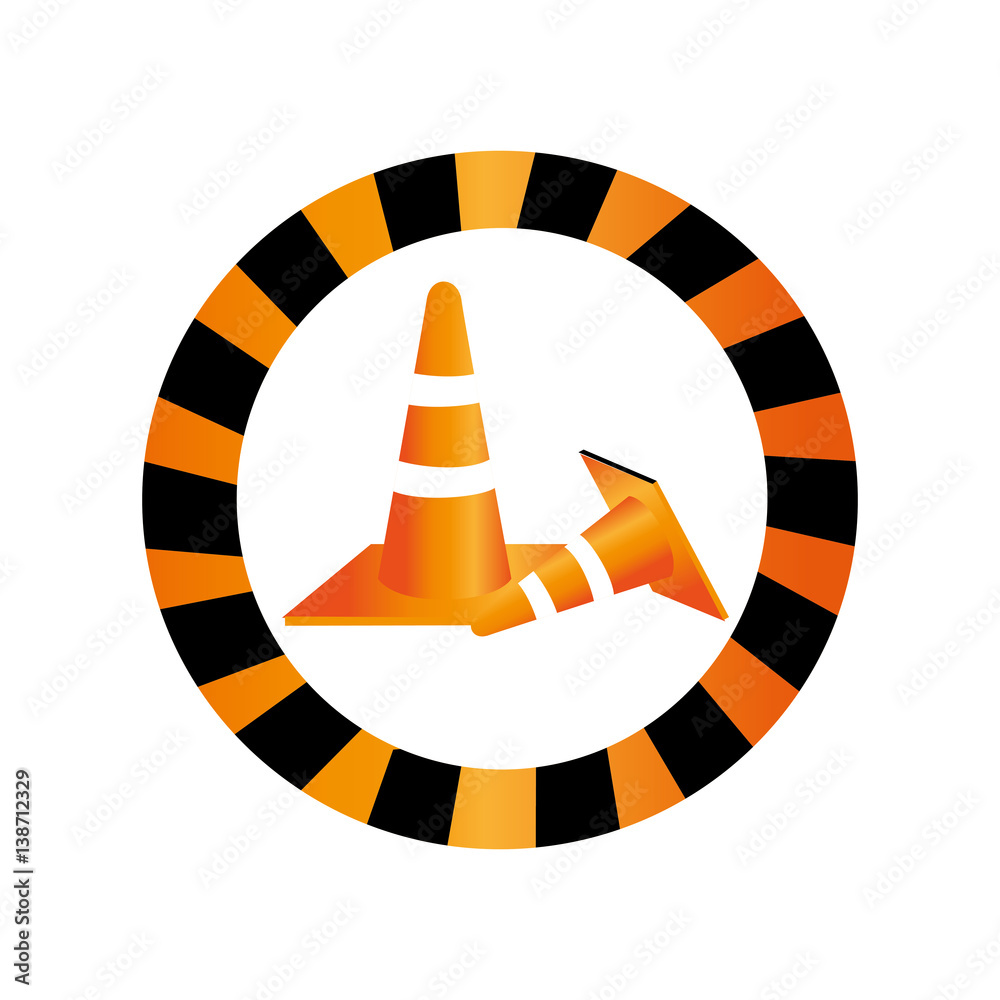 color circular road sign with traffic cone with lines orange and white ...