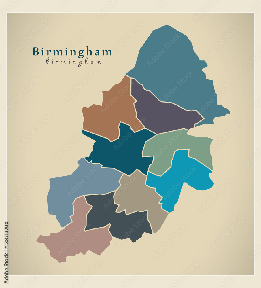 Modern City Map - Birmingham with boroughs coloured England ...