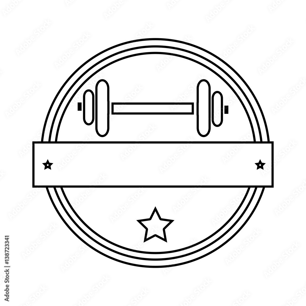 silhouette circular border with dumbbell for training in gym and plaque ...