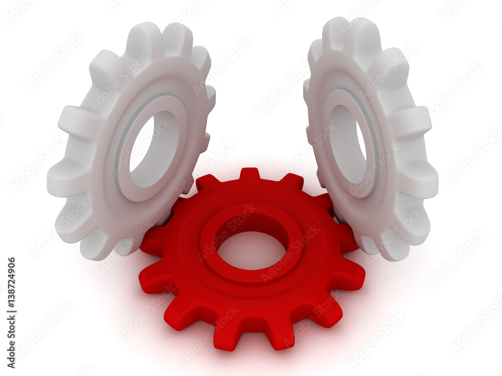 3d Heart of the mechanism. Two white gears lie and one gear stand ...