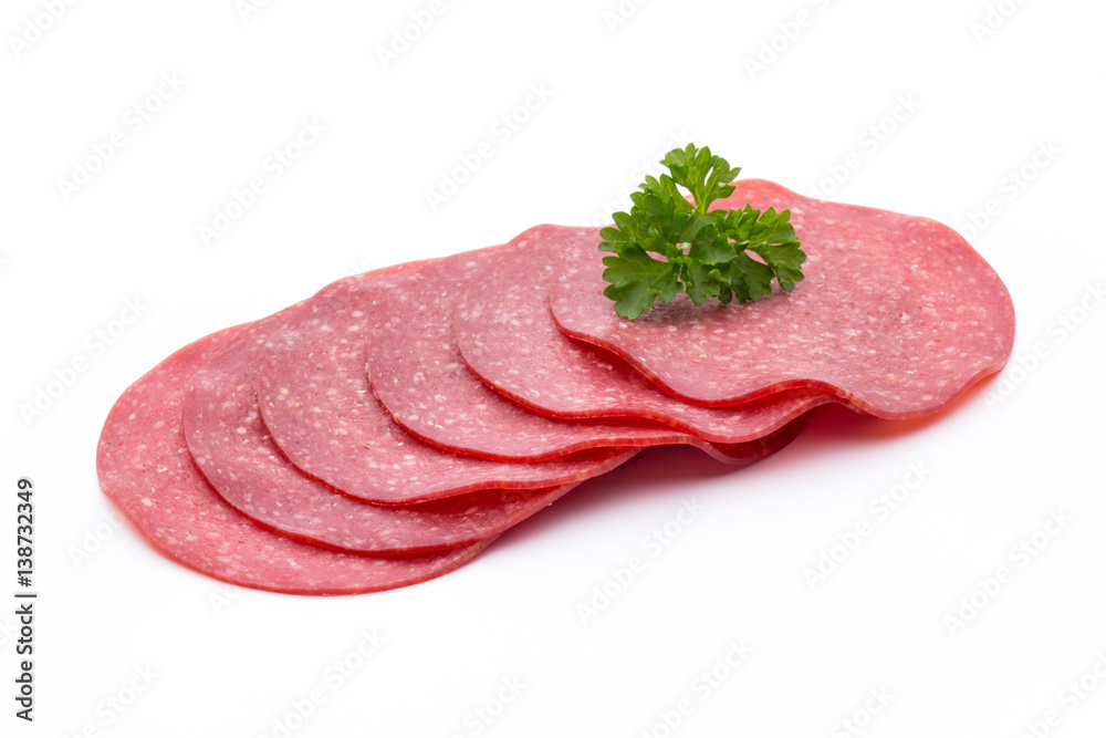 Salami smoked sausage one slice isolated on white background cutout ...