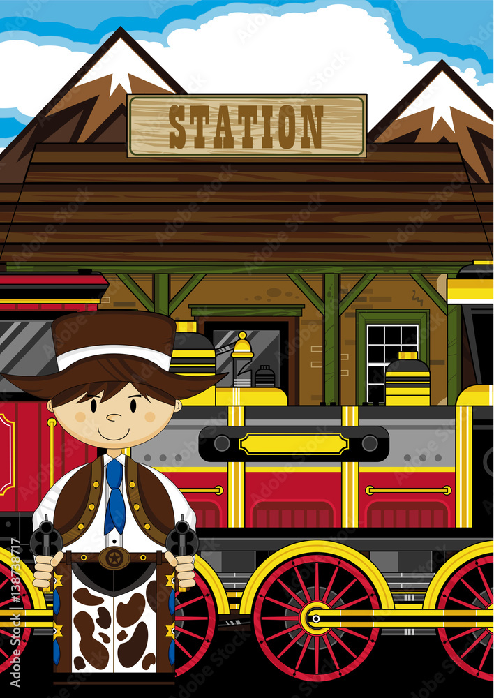 Cute Cartoon Wild West Cowboy and Train Stock Vector | Adobe Stock