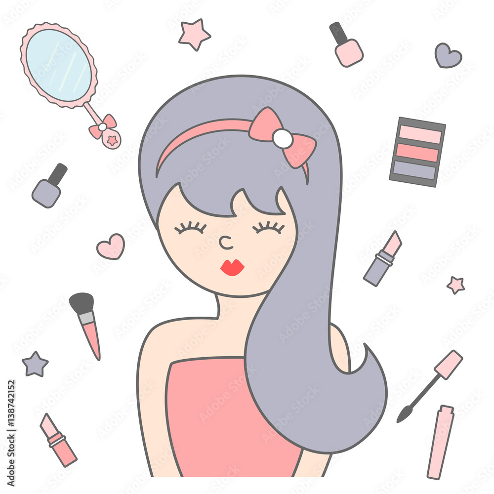 Cute Cartoon Girl And Make Up Vector Illustration Stock Vektorgrafik