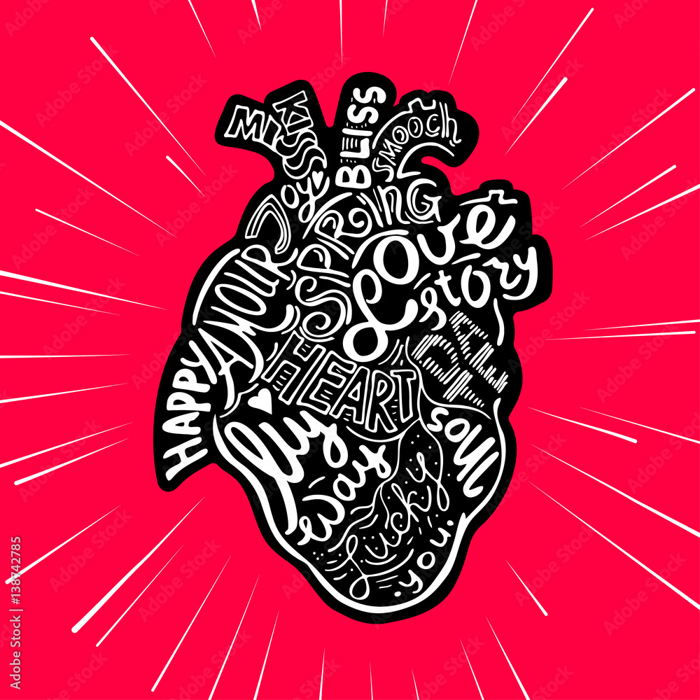 Hand drawing sketch anatomical heart. Lettering doodle vector ...