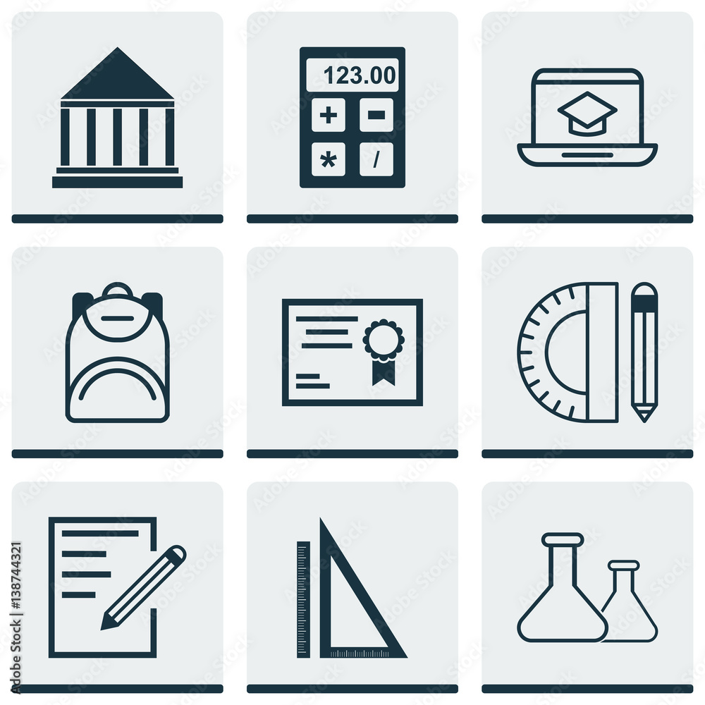 Set Of 9 School Icons. Includes Measurement, Education Tools ...