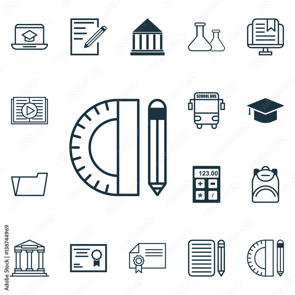 Set Of 16 Education Icons. Includes Document Case, Home Work, Haversack ...