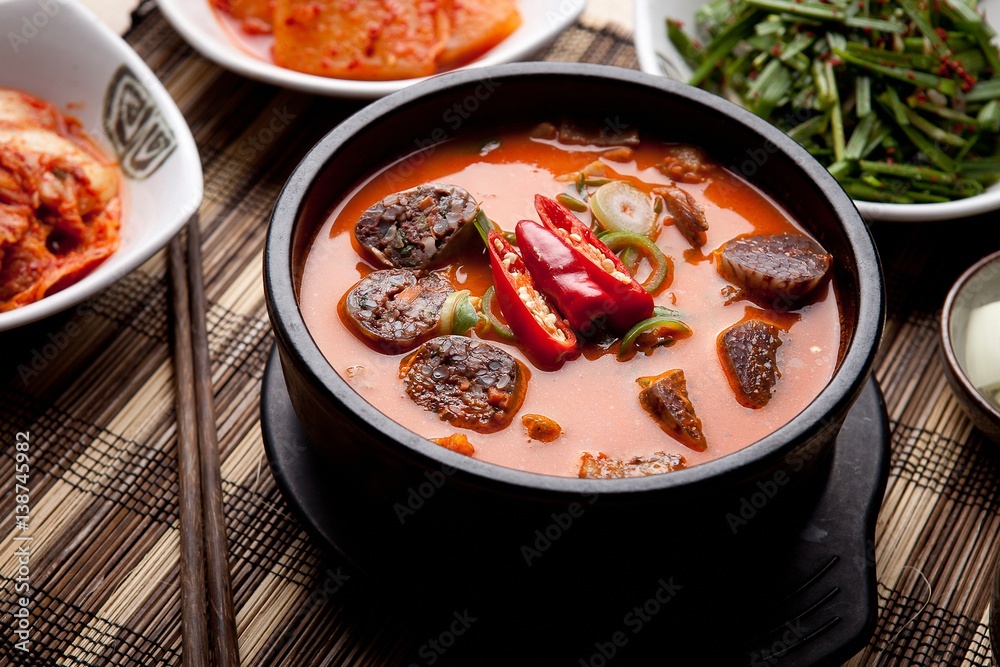ulkun sundaeguk. Korean Sausage and Rice Soup. Stock Photo | Adobe Stock