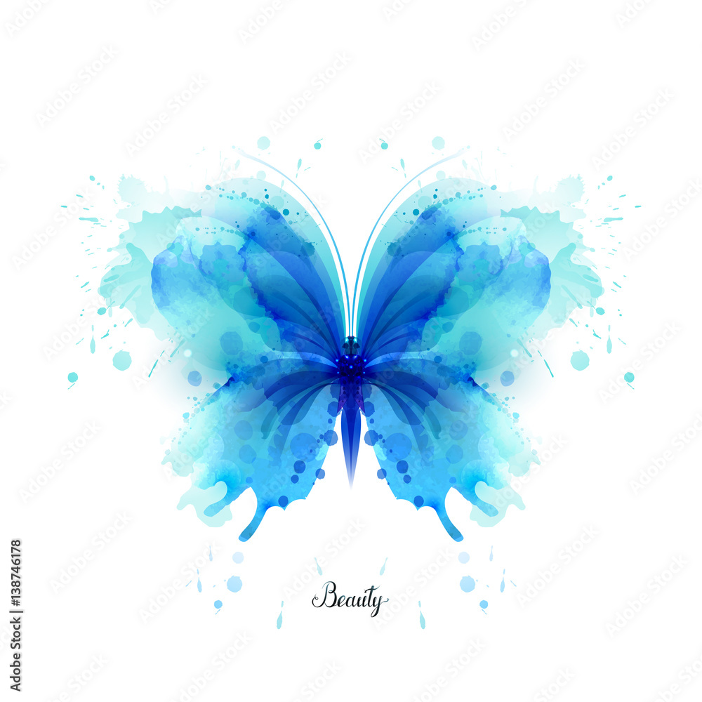 Beautiful blue watercolor abstract translucent butterfly on the white ...