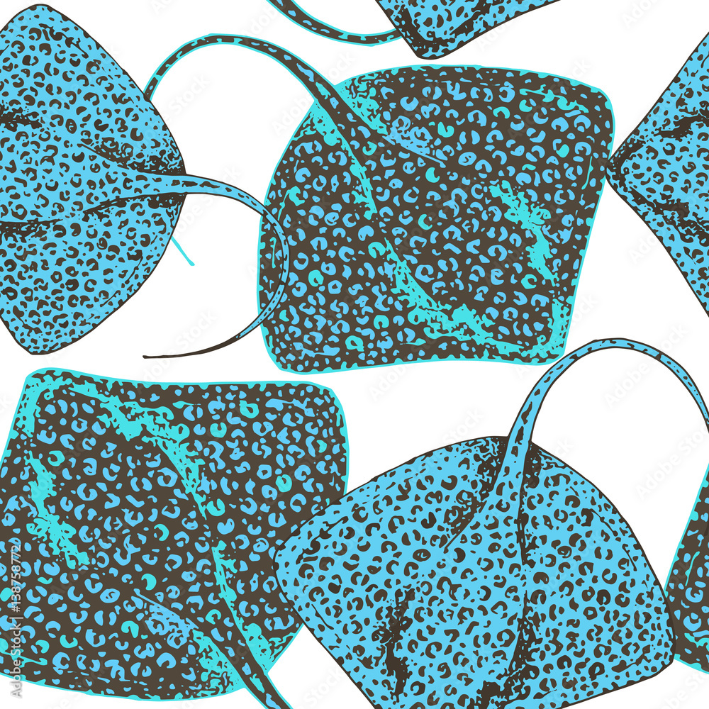 Vector seamless pattern with stingray, ray fish illustration. Animal in ...