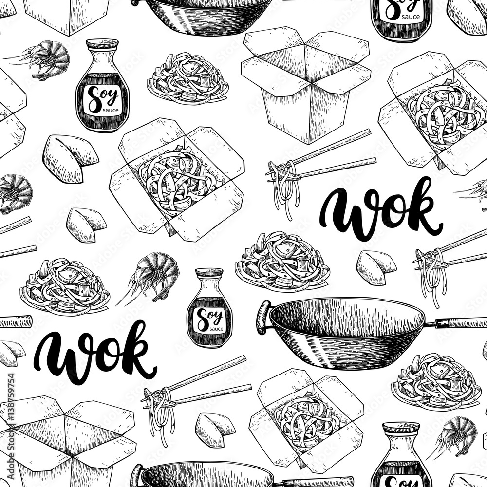 Wok vector hand drawn seamless pattern with lettering. Isolated chinese ...