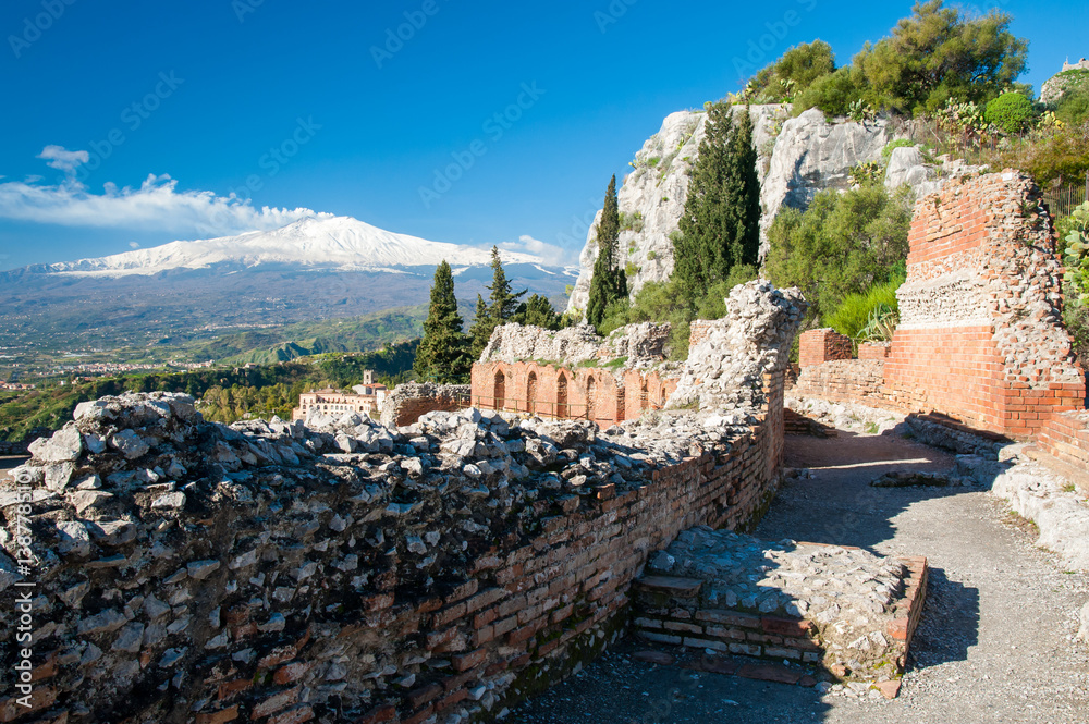 Section of the upper perimetral arcade of the greek theater of Taormina ...
