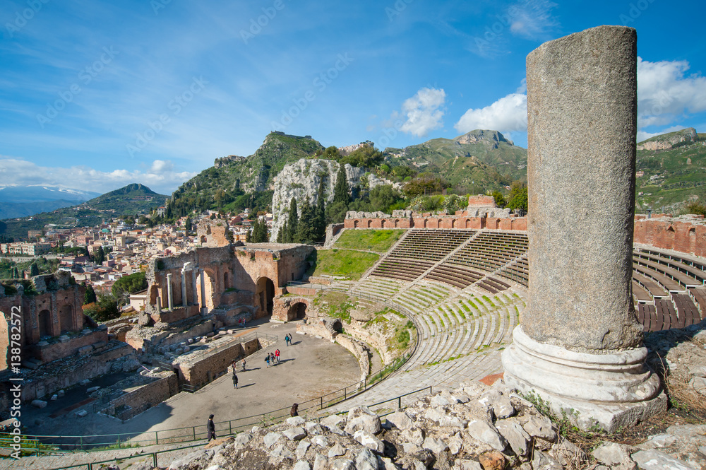 Close-up view of a column in the perimetral arcade of the old greek ...