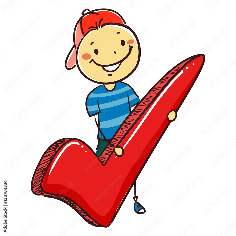 Vector Illustration of Stick Kid Boy Holding a Check Mark Symbol Stock ...