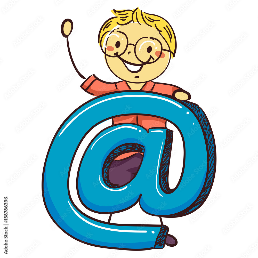 Vector Illustration of Stick Boy with Big at Sign Stock Vector | Adobe ...