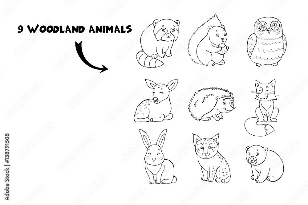 Doodle set of cute cartoon line animals with squirrel, fox, lynx ...
