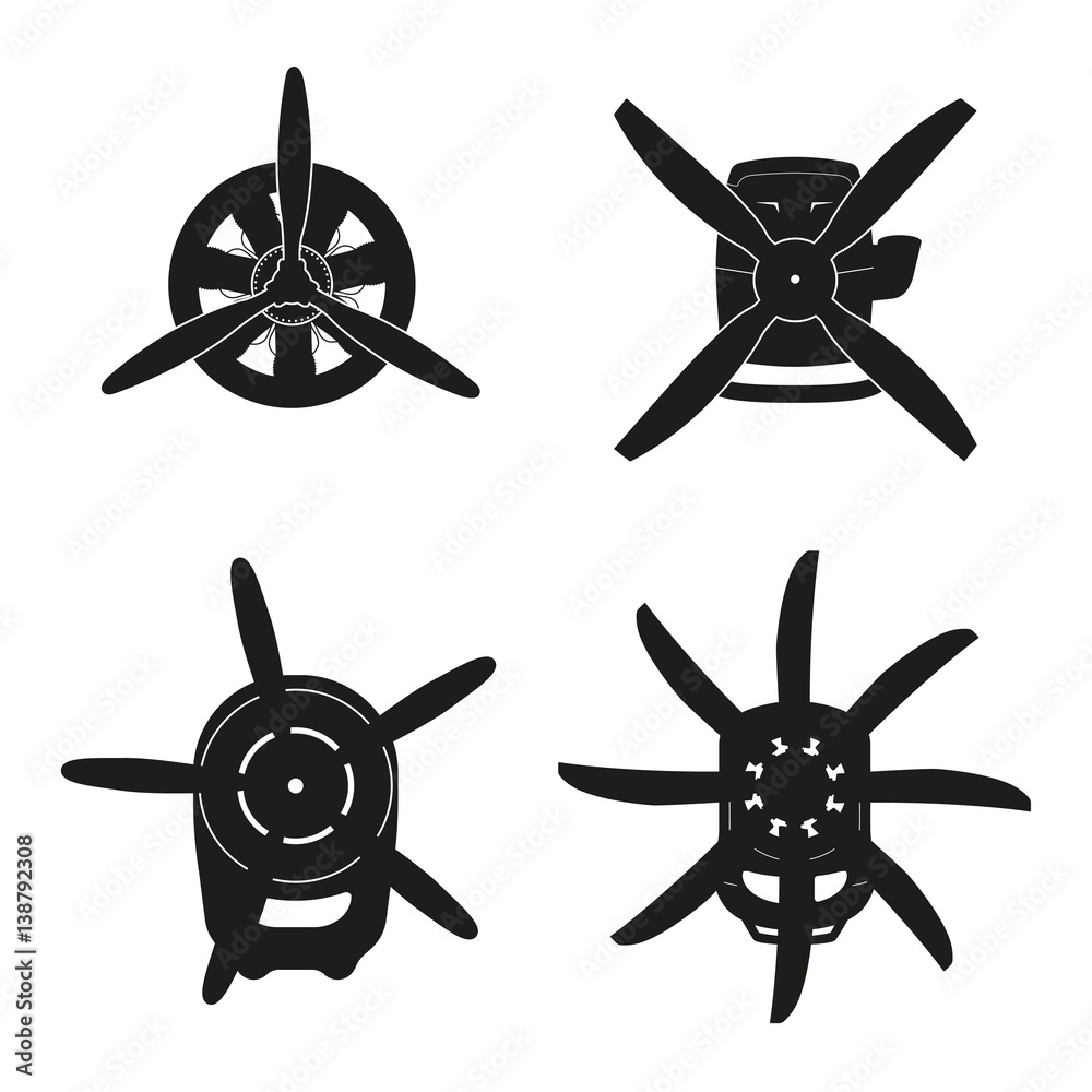 Silhouette of aircraft engine . Black drawing of motor with propeller ...