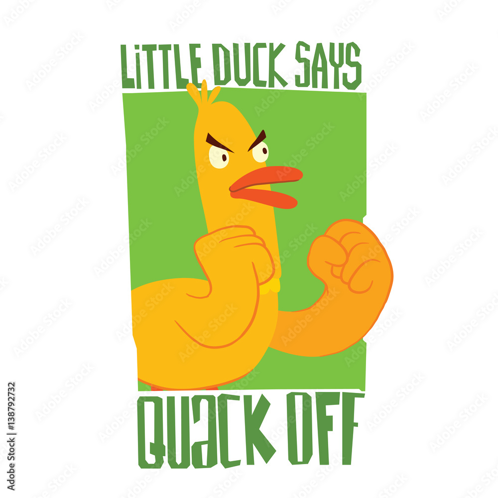 Vector green emblem with cartoon image of a funny yellow duck with red ...
