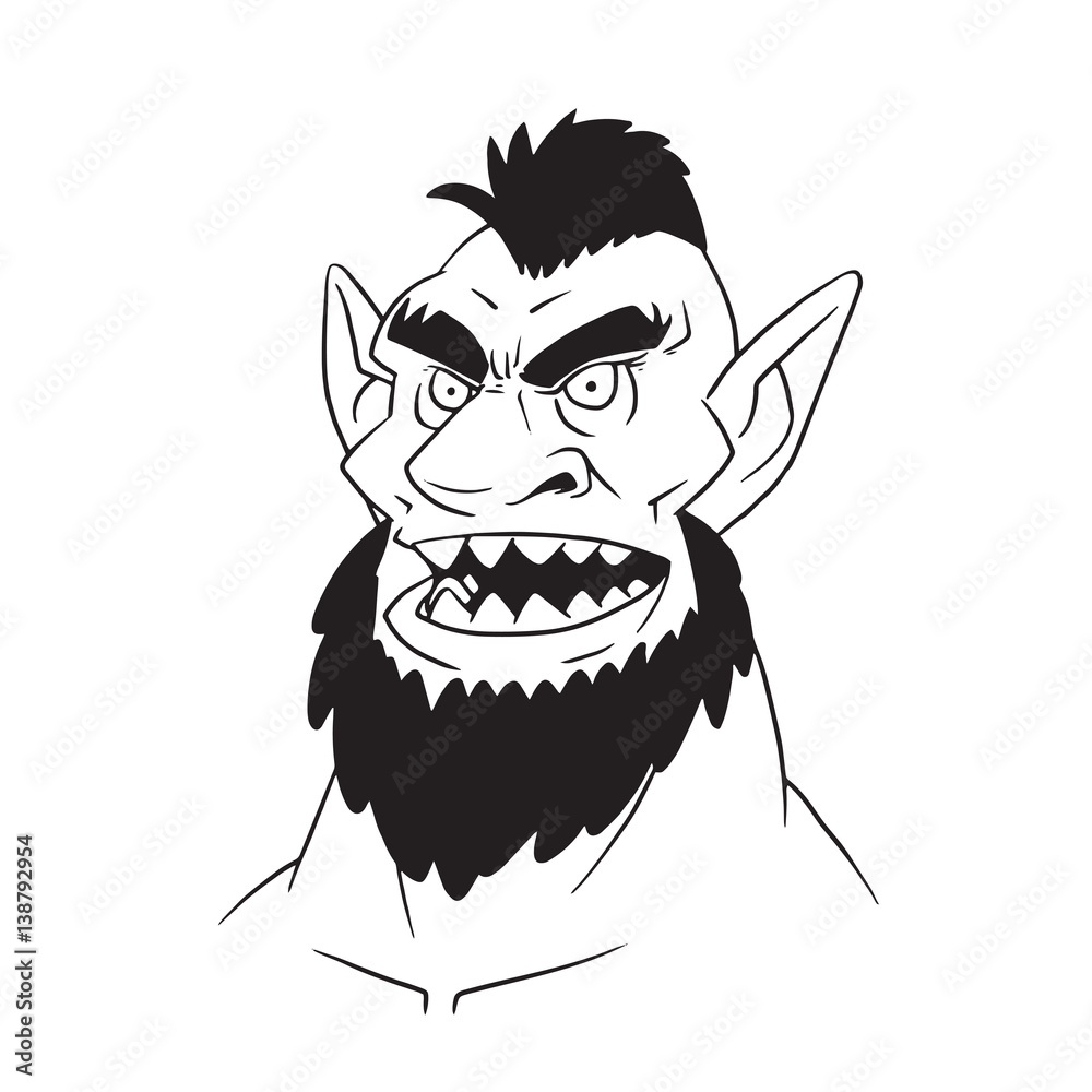 Vector cartoon image of a goblin man's head with beard and sharp teeth ...