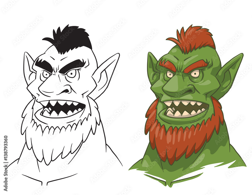 Vector cartoon image of a green goblin man's head with ginger hair ...