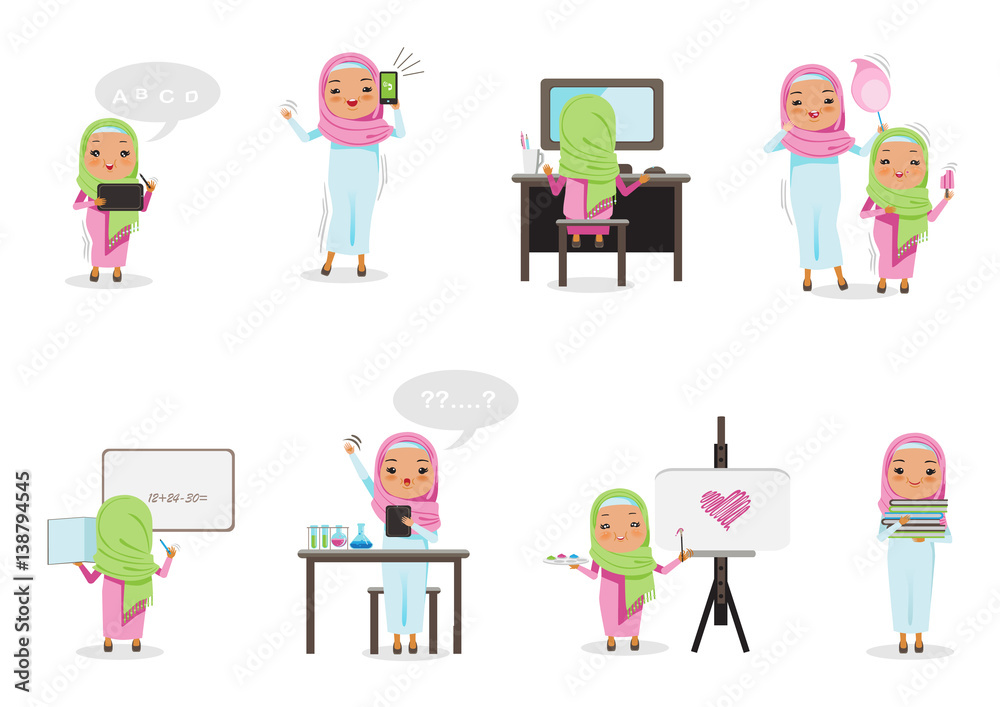 Arabic Girl study Isolated on white background. Vector cartoon ...