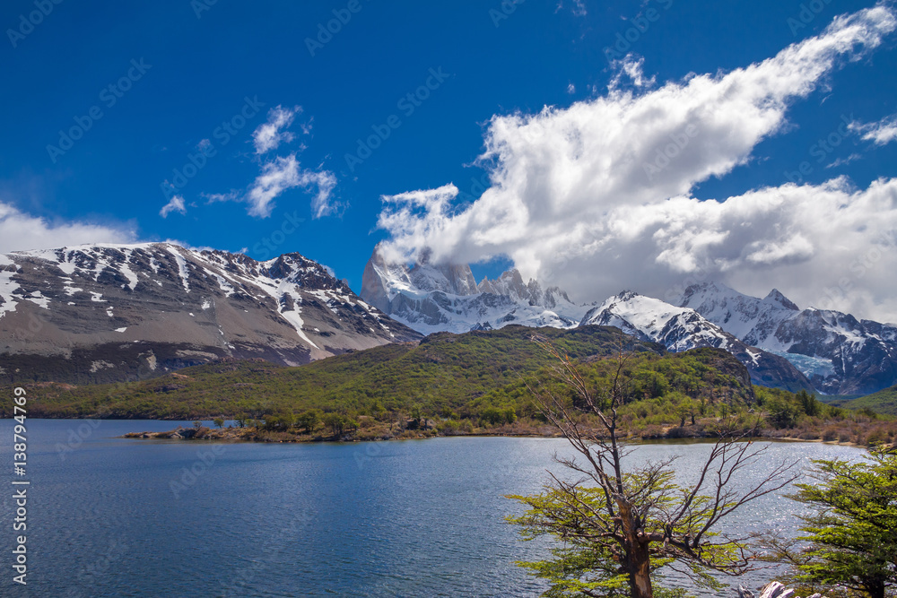 Landscape with the lake Capri in Patagonia with the view on Fitz Roy ...