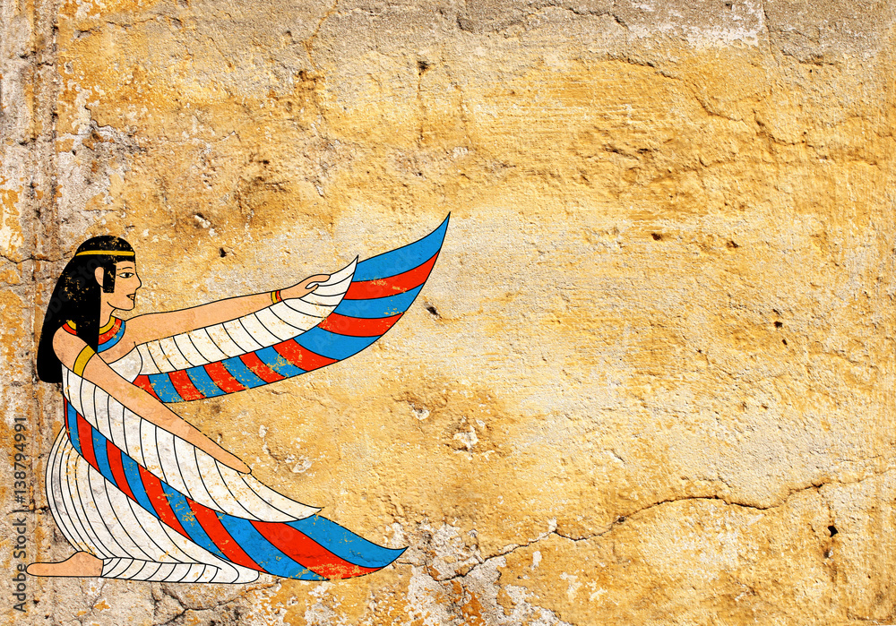 Grunge background with old stucco texture and Egyptian goddess Isis ...