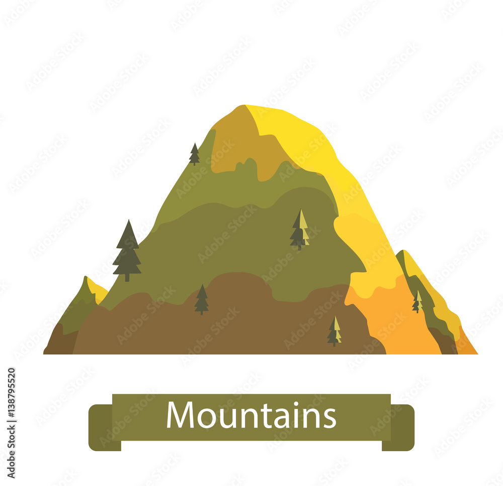 Vector cartoon image of big yellow mountain with six firtrees on a ...