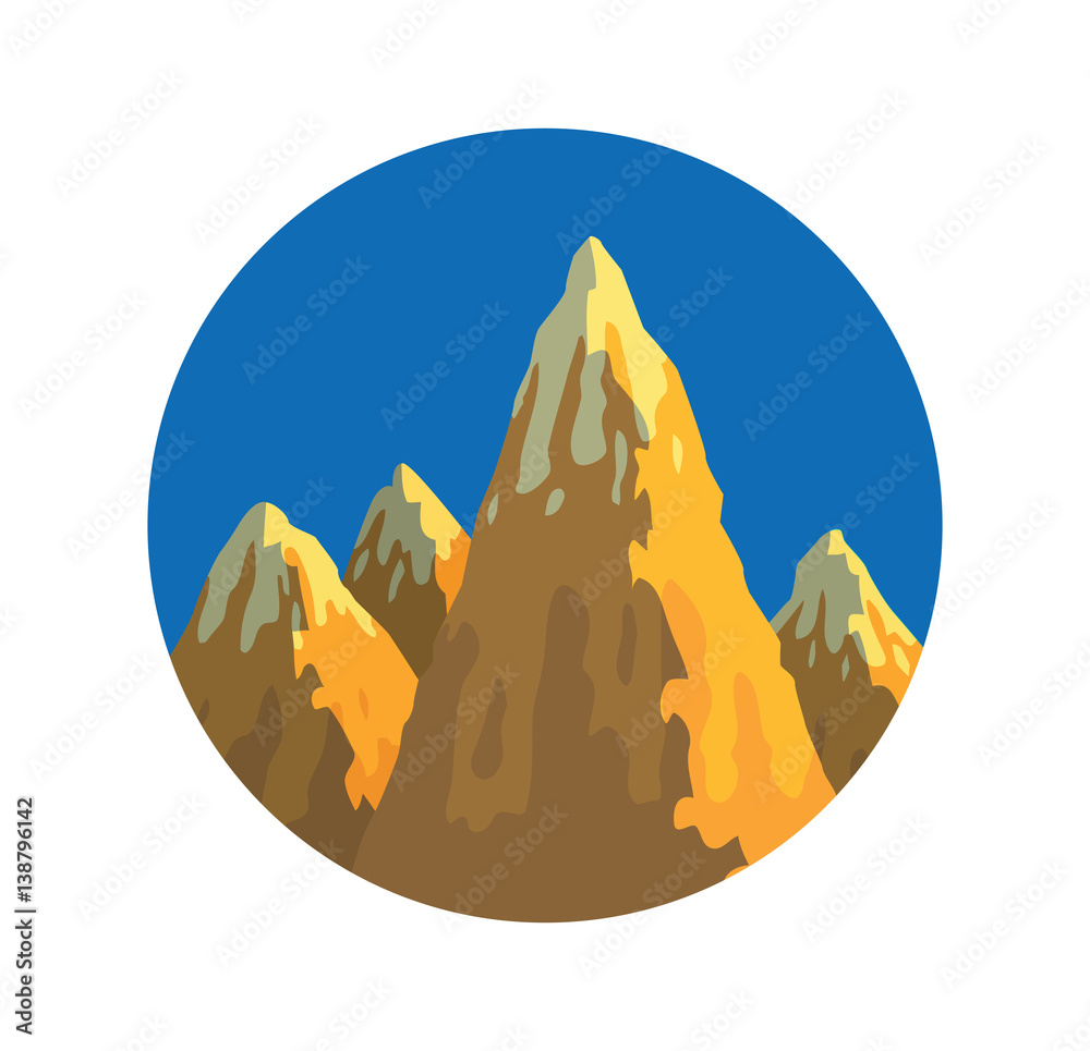 Vector blue round label with cartoon image of orange mountain with four ...