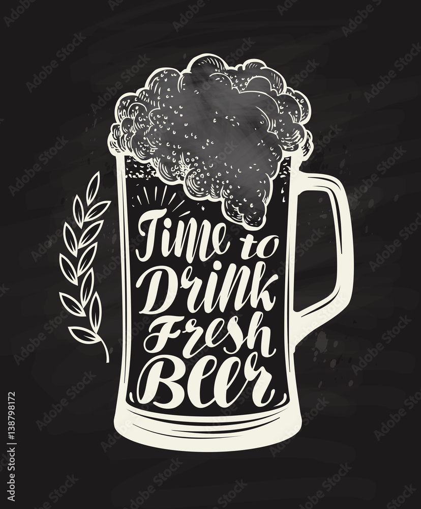Mug, glass of craft beer with foam. Chalkboard restaurant menu ...