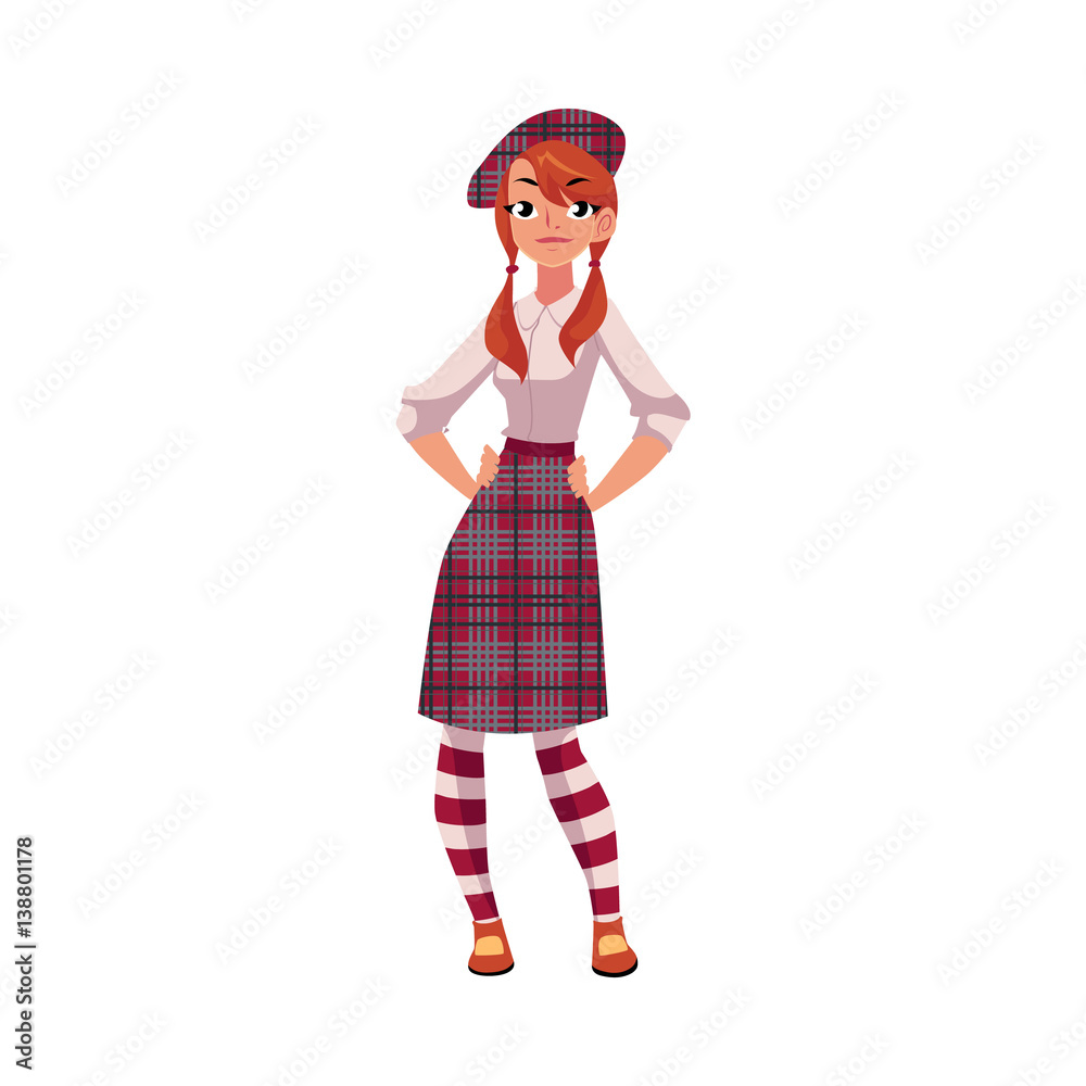 Youn girl in traditional Scottish clothes, tartan beret and kilt ...