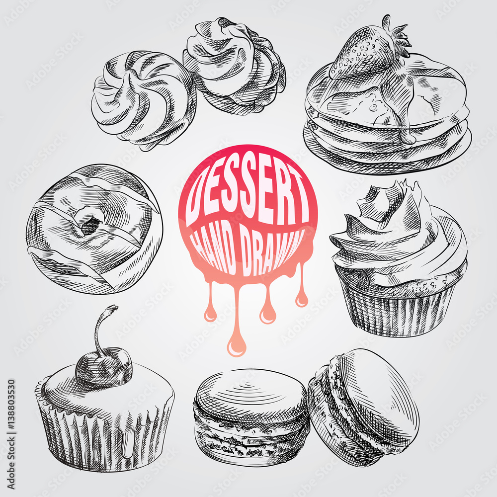 Set of hand drawn sketch desserts isolated on white background and pink ...