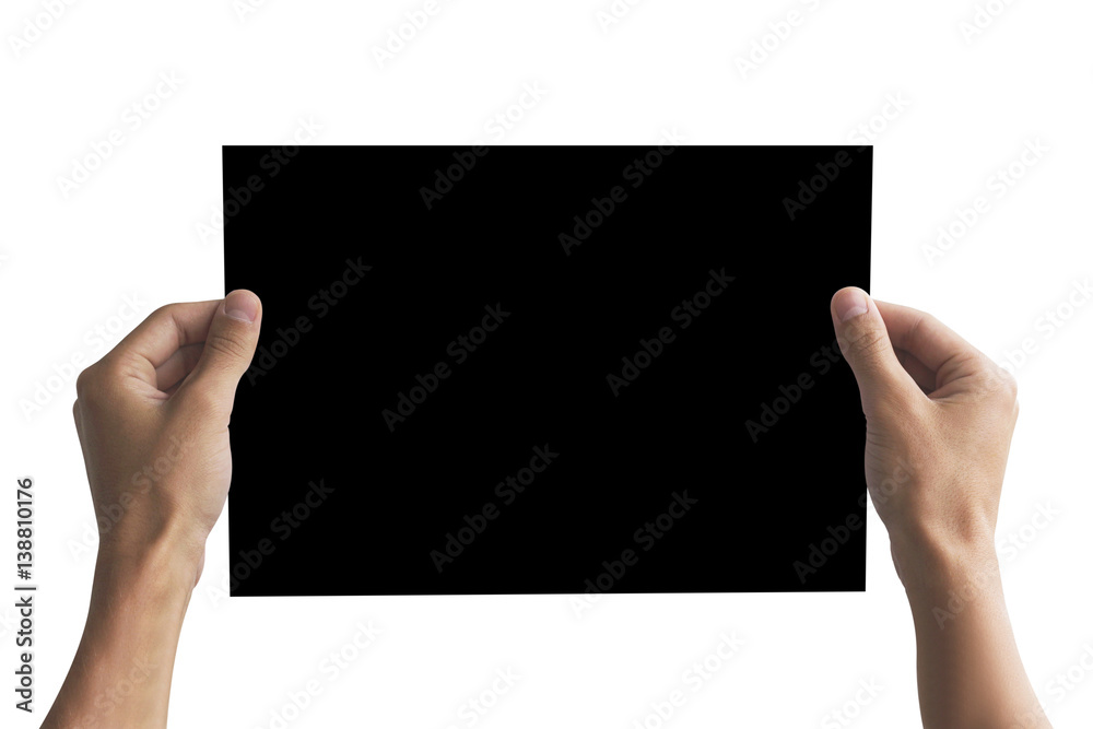 Hands holding black A4 paper in the hand. Leaflet presentation ...