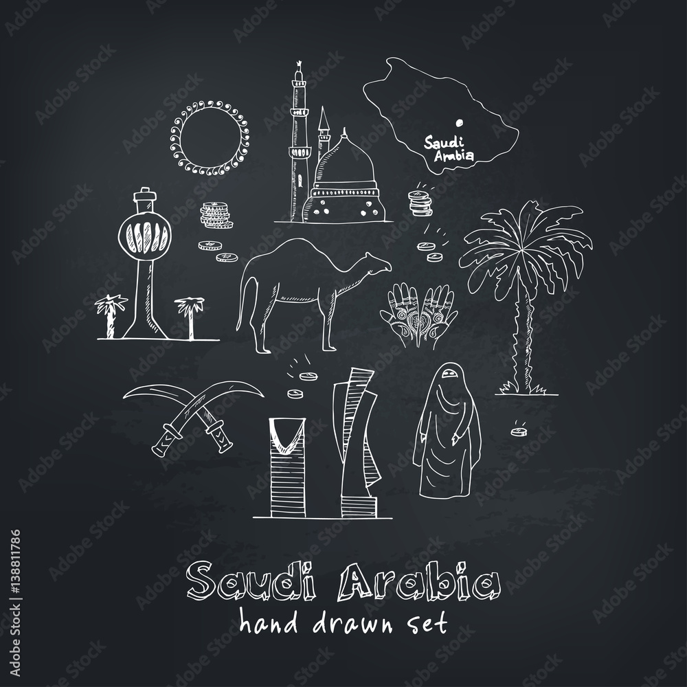 Handdrawn Illustration of Saudi Arabia Landmarks and icons with country ...