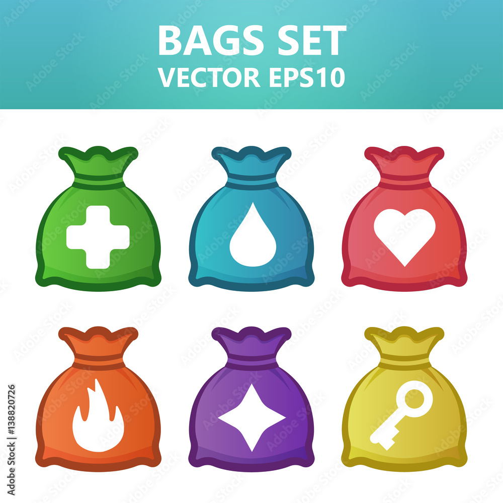 Colorful vector illustration bags with gaming symbols.Assets set for ...