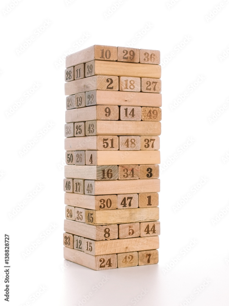 Blocks of game jenga isolated on white background. Vertical tower whole ...
