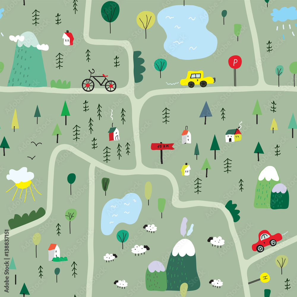 Funny map seamless pattern with nature, landscape and camping Stock ...