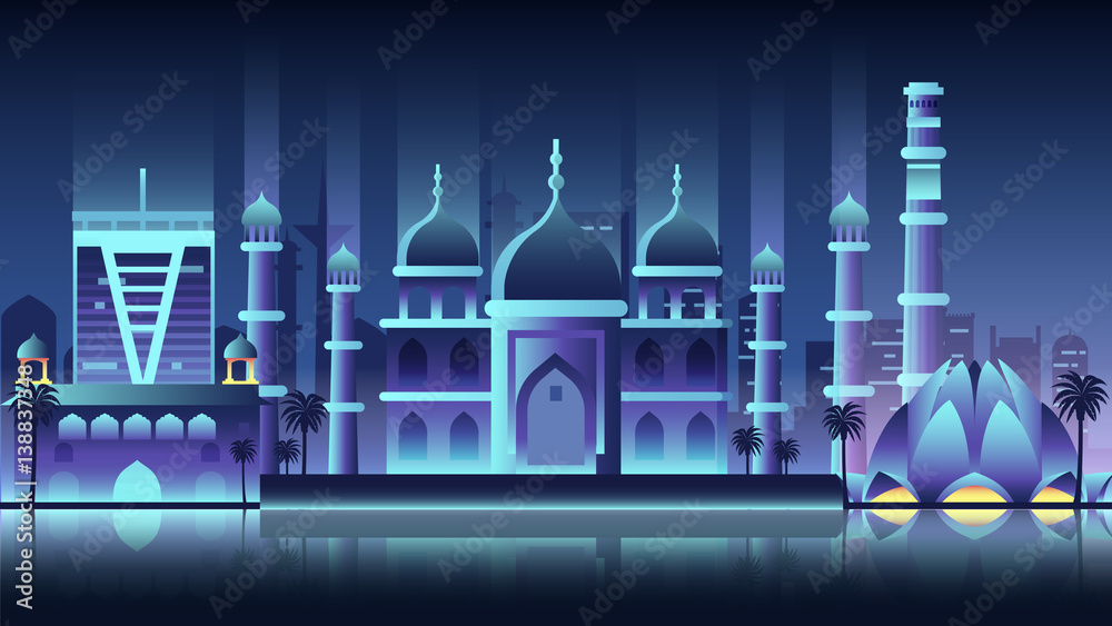 India city night neon style architecture buildings town country travel ...