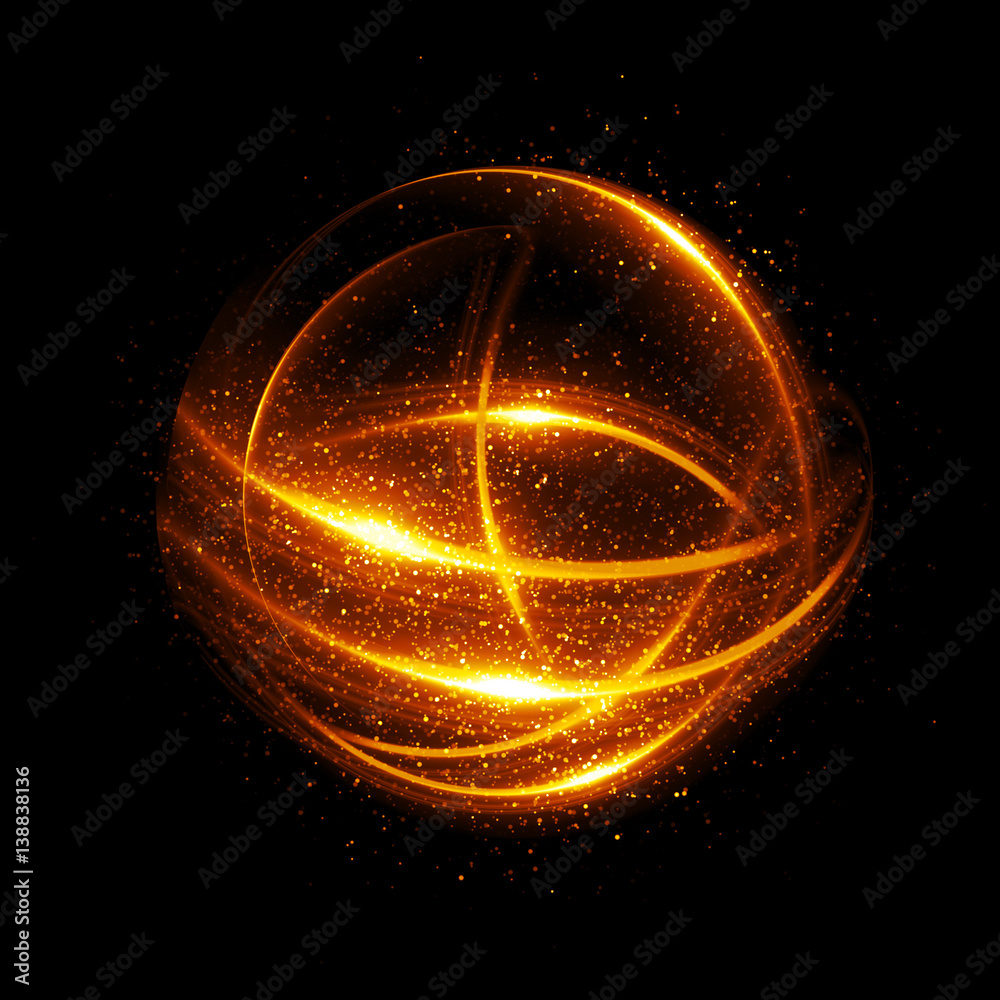 3D Atom luminous nuclear model on dark background. Glowing energy balls ...