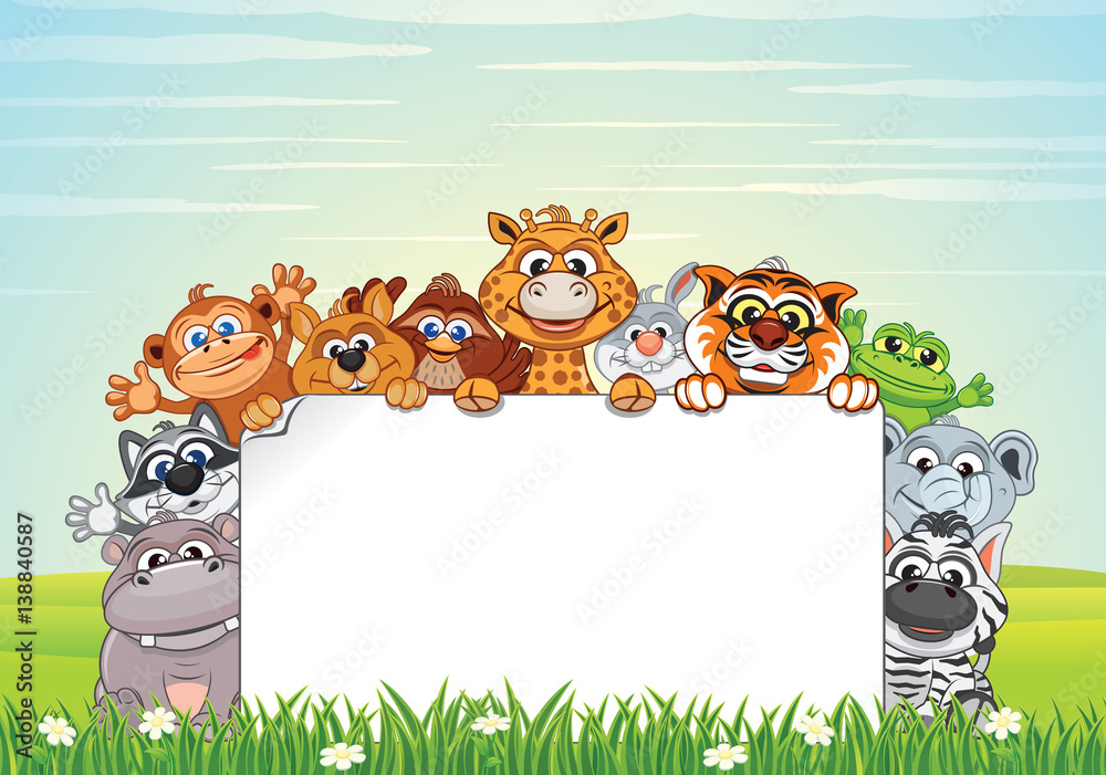 Cute Animals on Nature. Vector Cartoon Background Stock Vector | Adobe ...