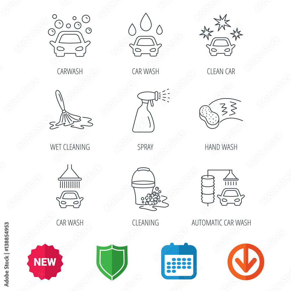 Car wash icons. Automatic cleaning station linear signs. Bucket with ...