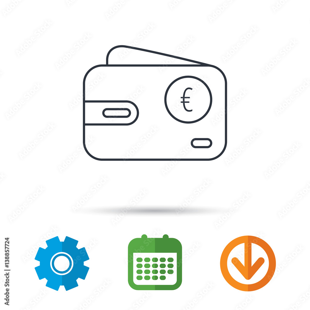 Euro wallet icon. EUR cash money bag sign. Calendar, cogwheel and ...